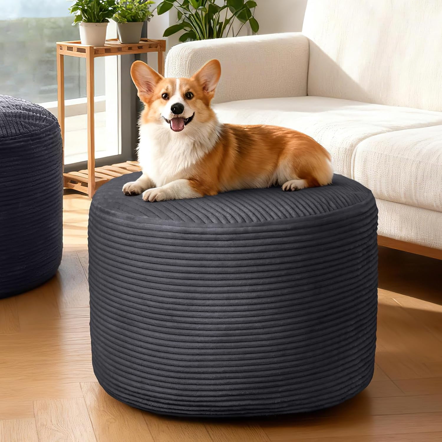 Round Corduroy Ottoman Foot Rest Pouf for Living Room Couch - Soft ...