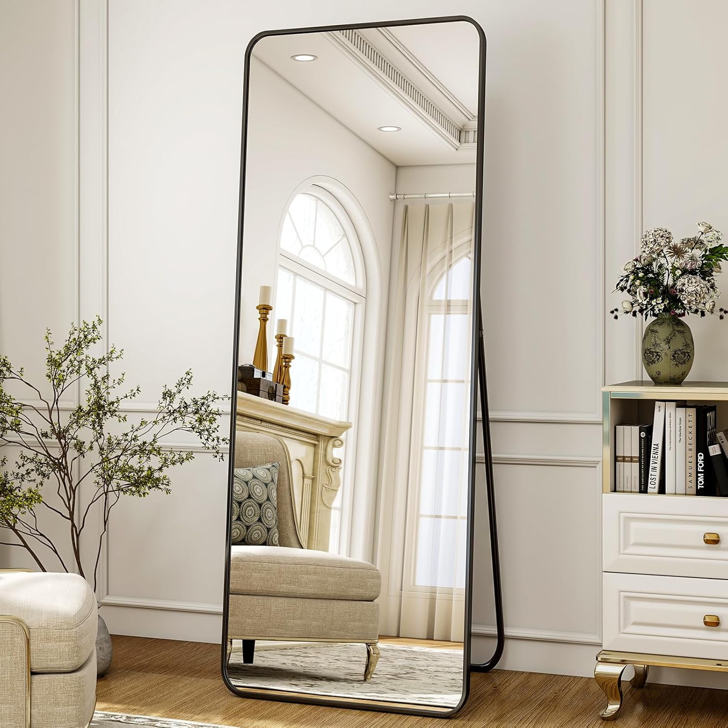 Round Corner Mirror Full Length, 16" x 59" Floor Mirror with Stand ...