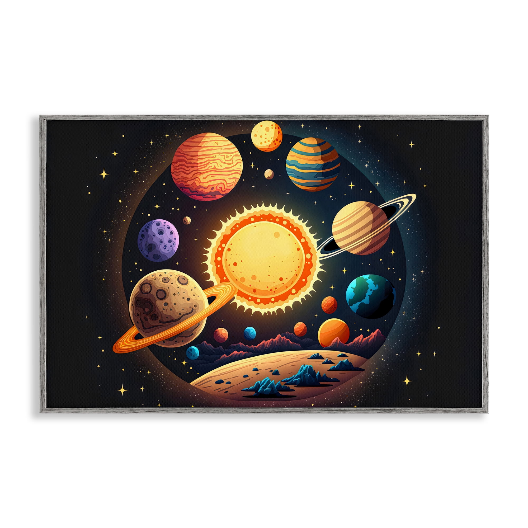 Stupell Industries Round Cosmic Solar System Gray Framed Giclee Art ...