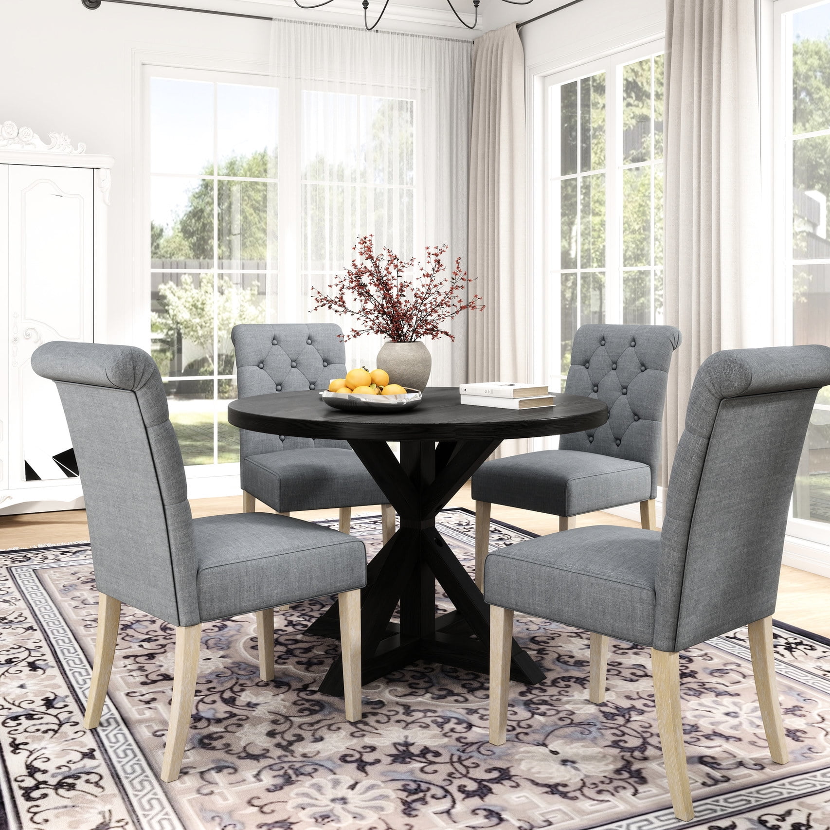 Round Cross - Buck Table and 4 Tufted Chairs Dining Set | Comfortable ...