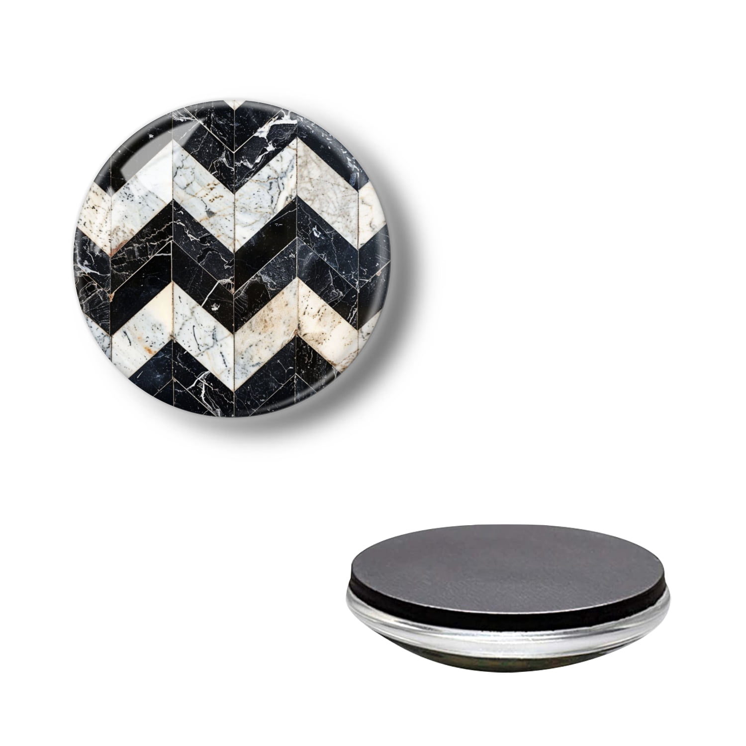 Round Crystal Glass Fridge Magnet Sticker, Black White Marble Tiles ...