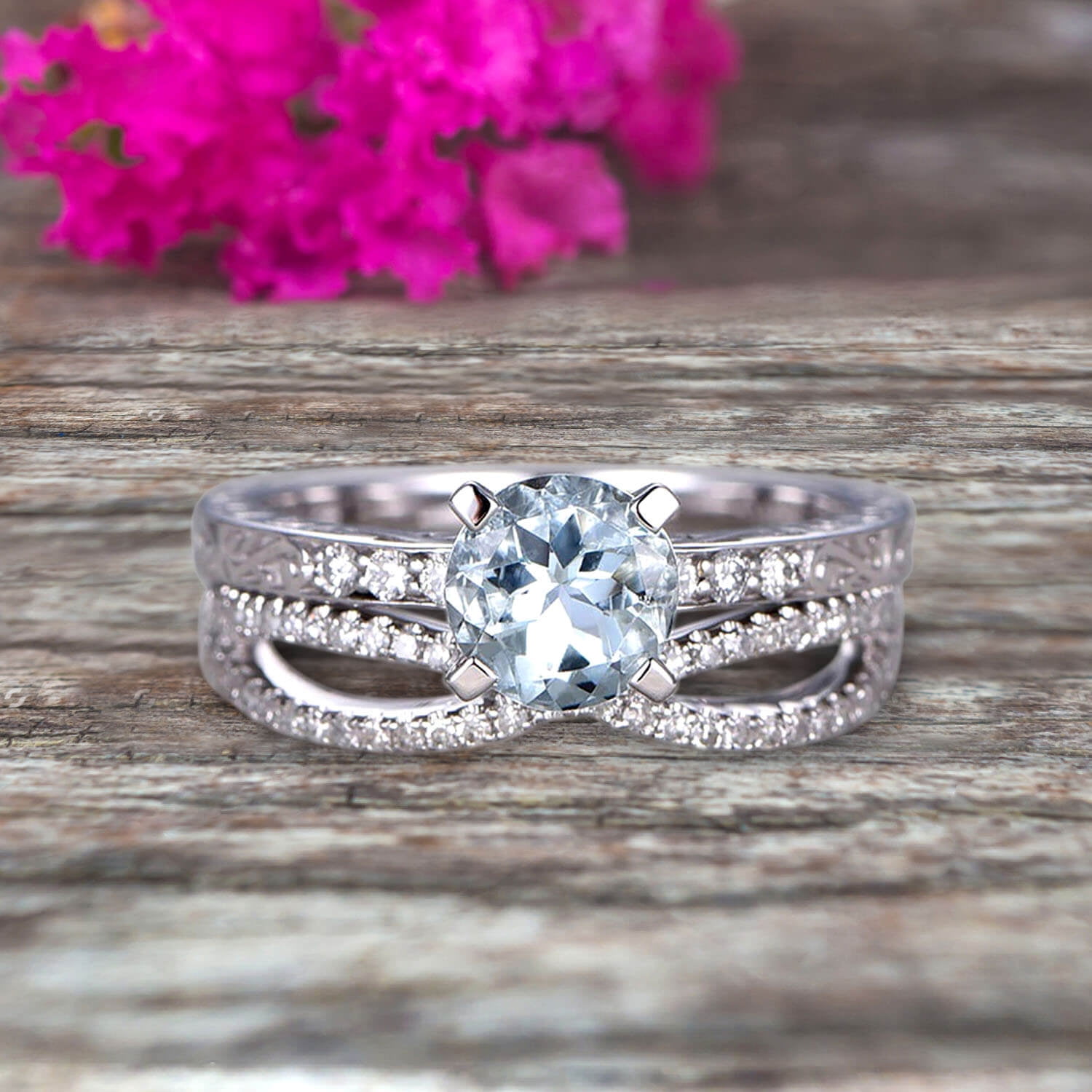 Round Cut 1.50 Carat Aquamarine Bridal Ring Set Anniversary Gift On 10k ...
