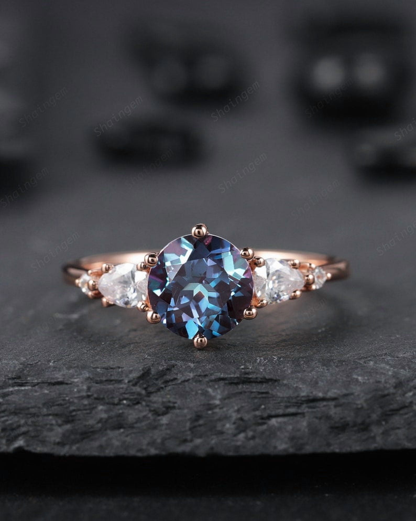 Round Cut Alexandrite Engagement Ring, Vintage 14K Rose Gold ...
