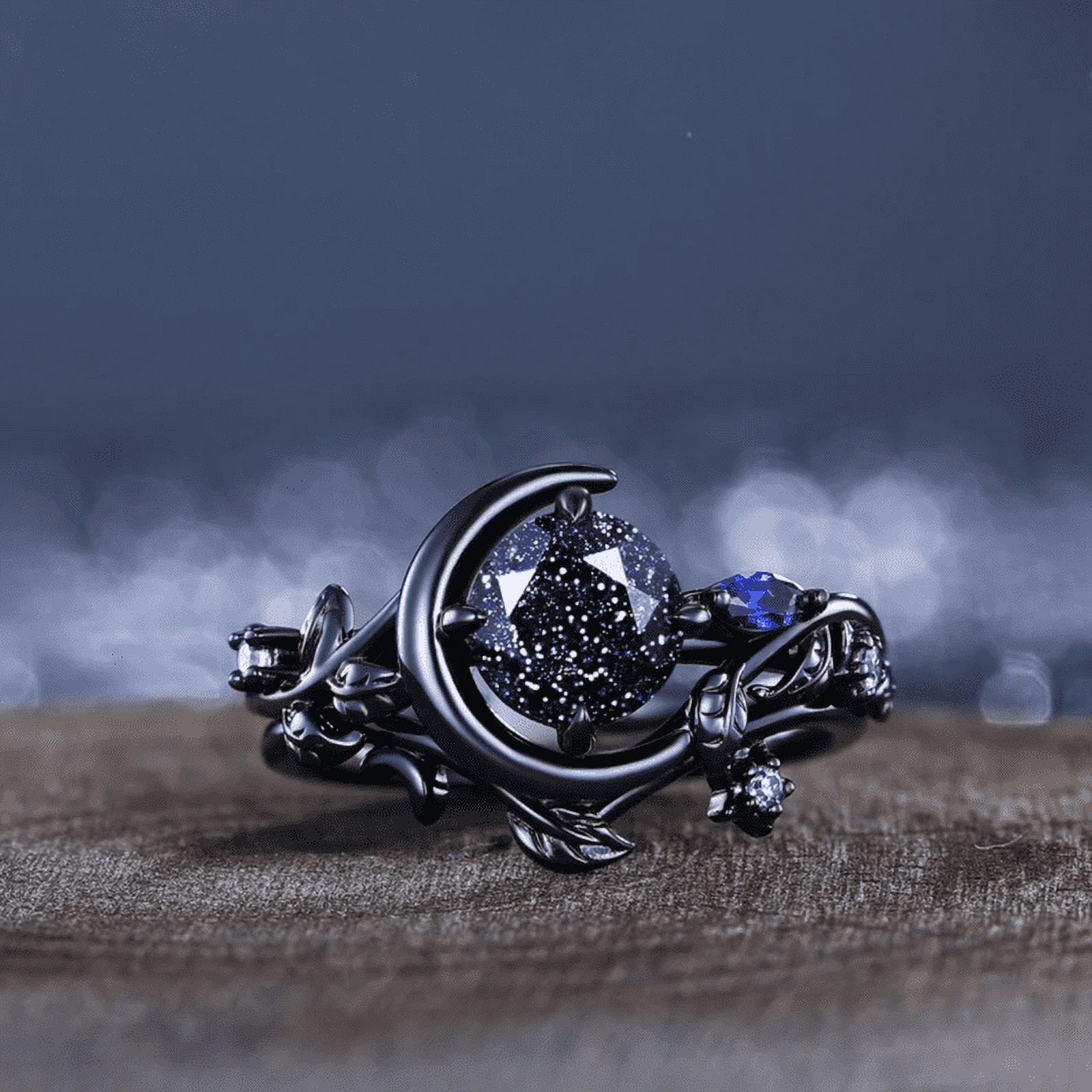 Round Cut Blue Sandstone Wedding Ring Set in 14K Black Gold Vermeil ...