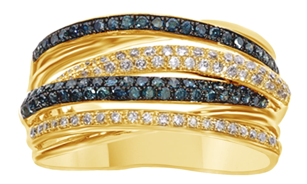 AFFY Round Cut Blue & White Natural Diamond Multi-Row Crossover Ring In ...