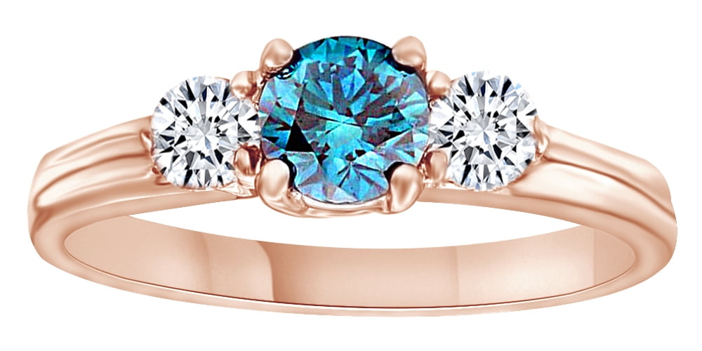 AFFY Round Cut Blue & White Natural Diamond Three Stone Engagement Ring ...