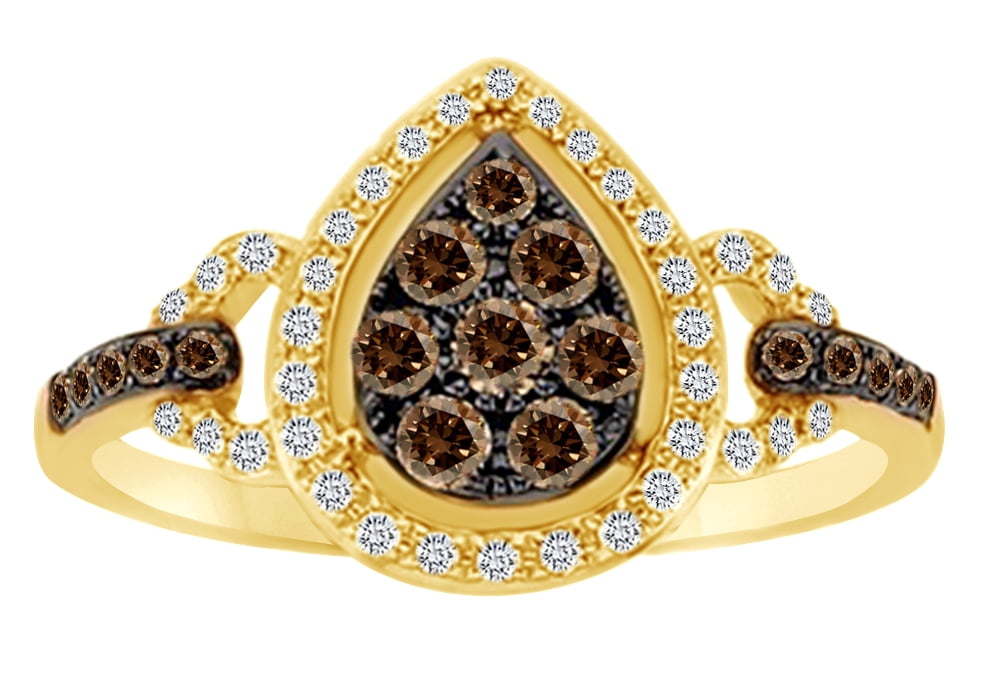 Round Cut Brown & White Natural Diamond Pear Shaped Frame Ring In 14K ...