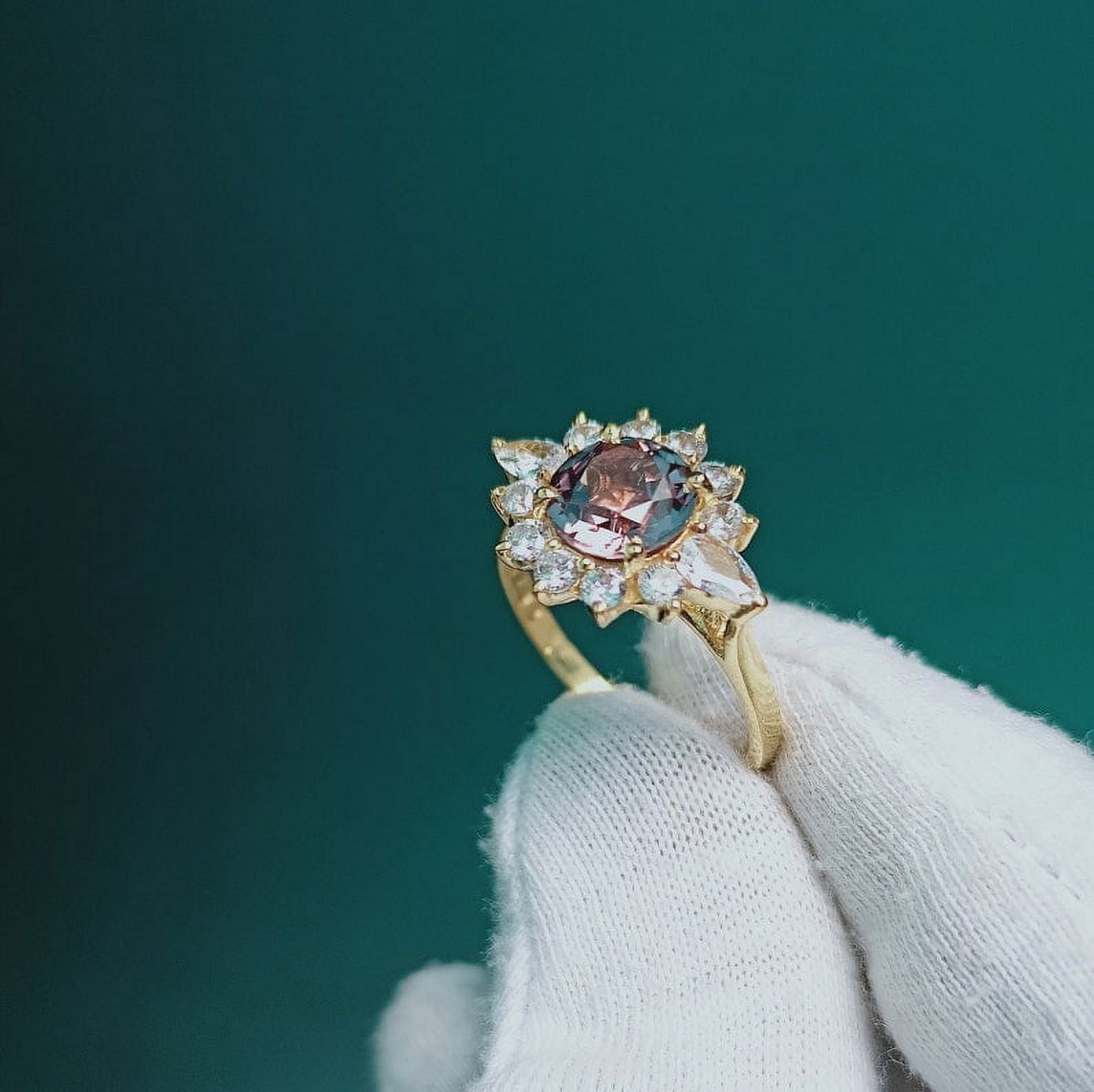 Round Cut Color Changing Alexandrite Ring Moissanite Accented Halo ...