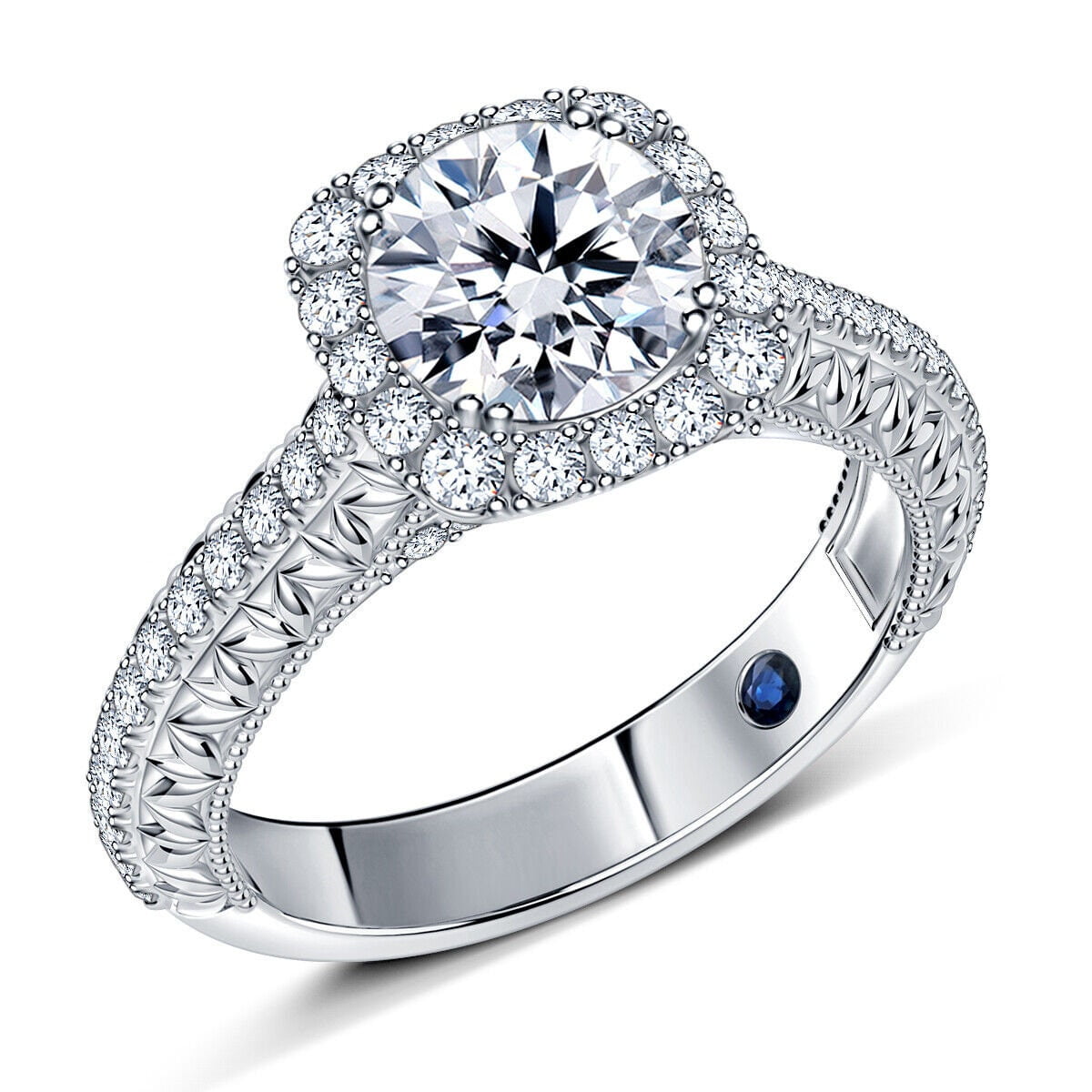 Round Cut Engagement Ring in 18k White Gold Plated/ 2.00 ct Hidden Halo ...