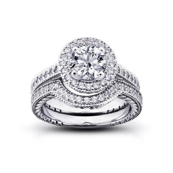 Round Cut Halo Stackable Bridal Set Engagement Ring 2 Ct Diamond 14K ...