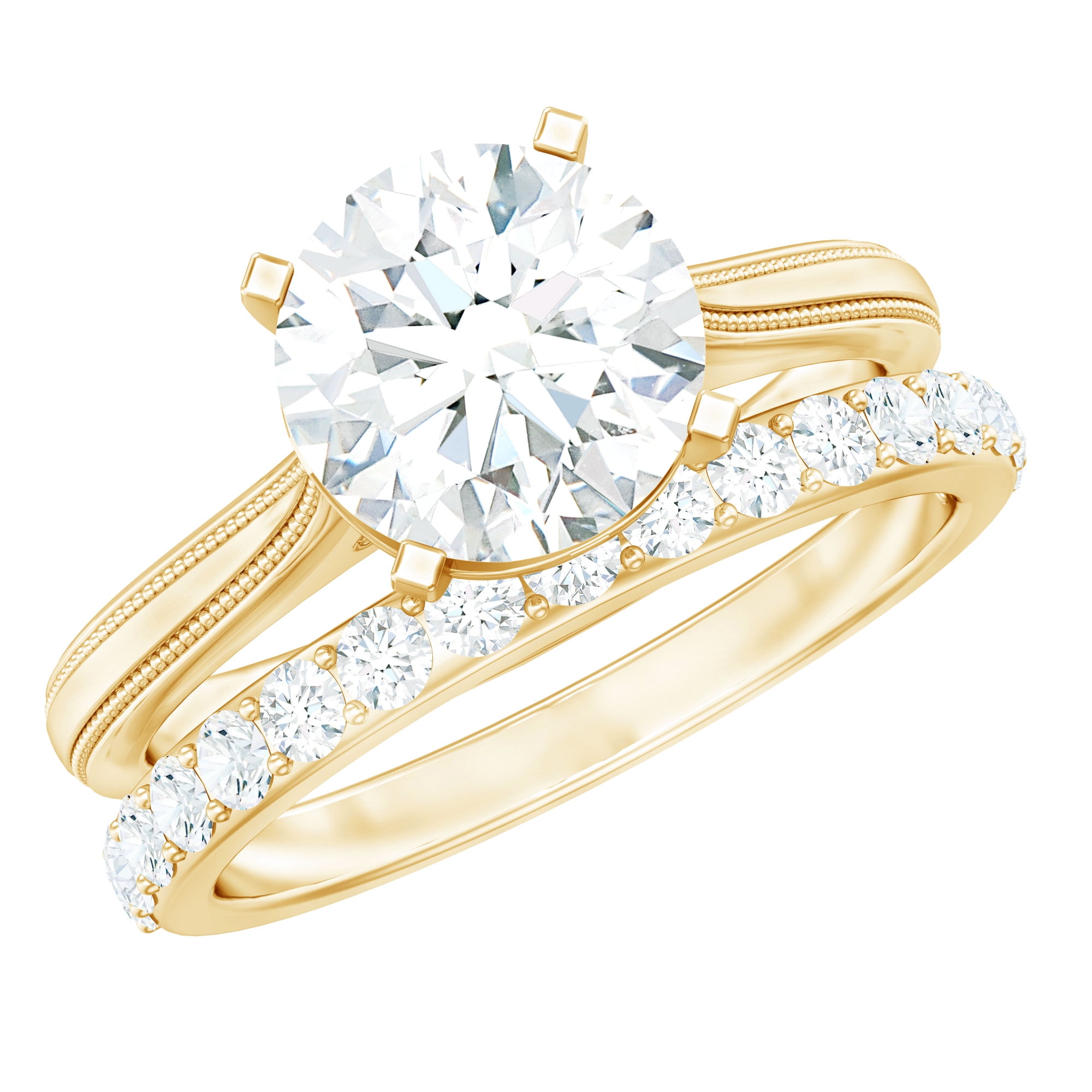 Round Cut Moissanite Solitaire Engagement Ring Set with Band - 8 mm - D-VS1 Grade, 14K Yellow ...