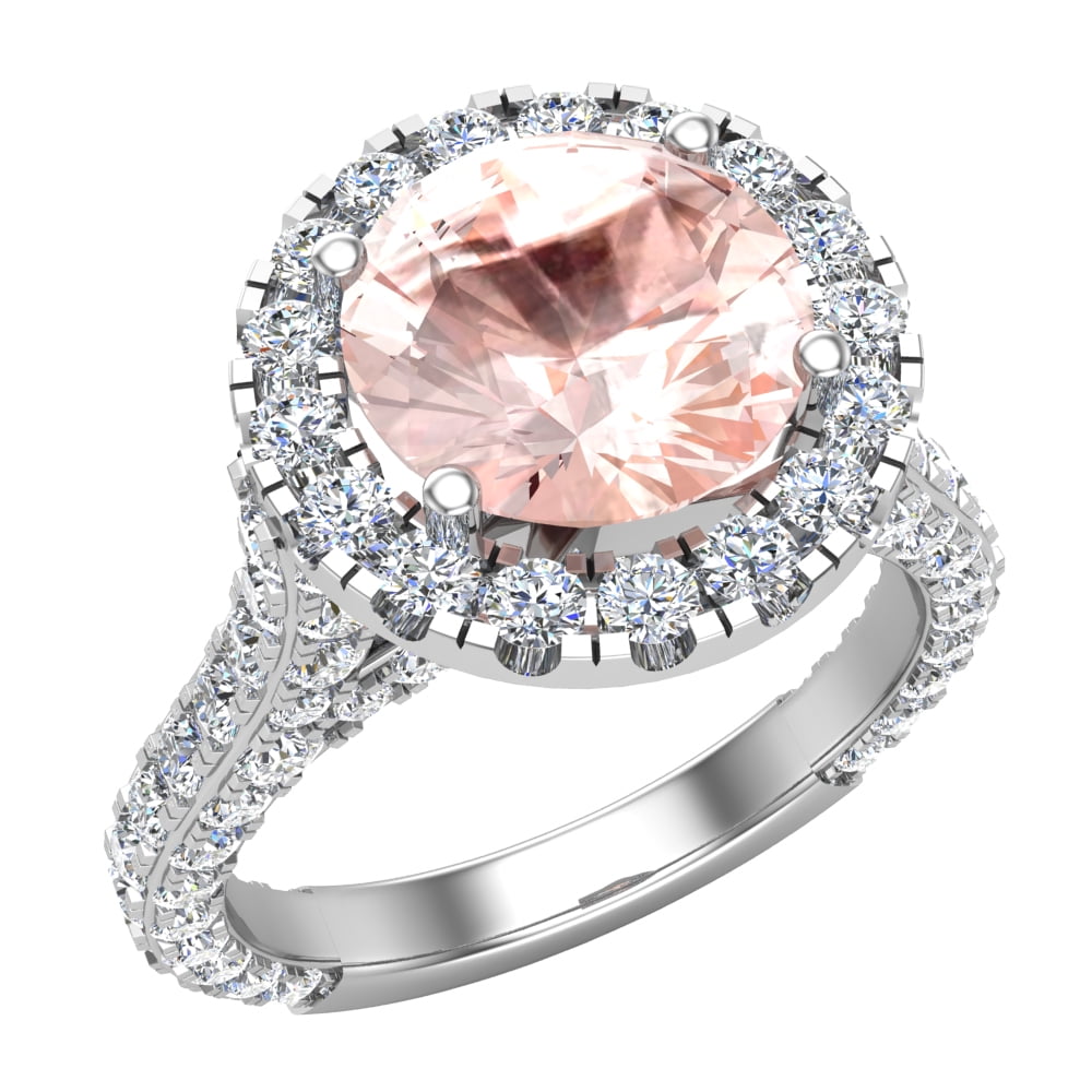 Round Cut Pink Morganite Diamond Halo Rings 18K White Gold 4.15 CT TW ...