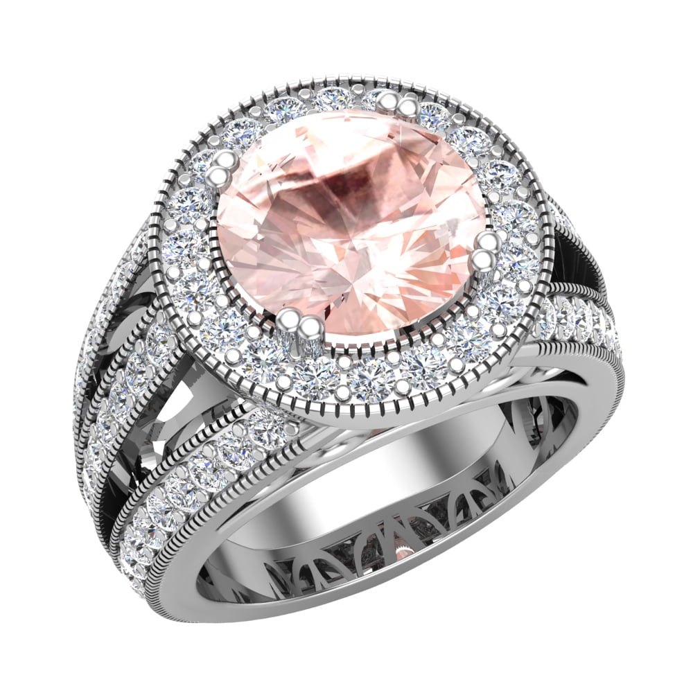 Round Cut Pink Morganite Diamond Halo Rings Fashion Rings 14K White ...