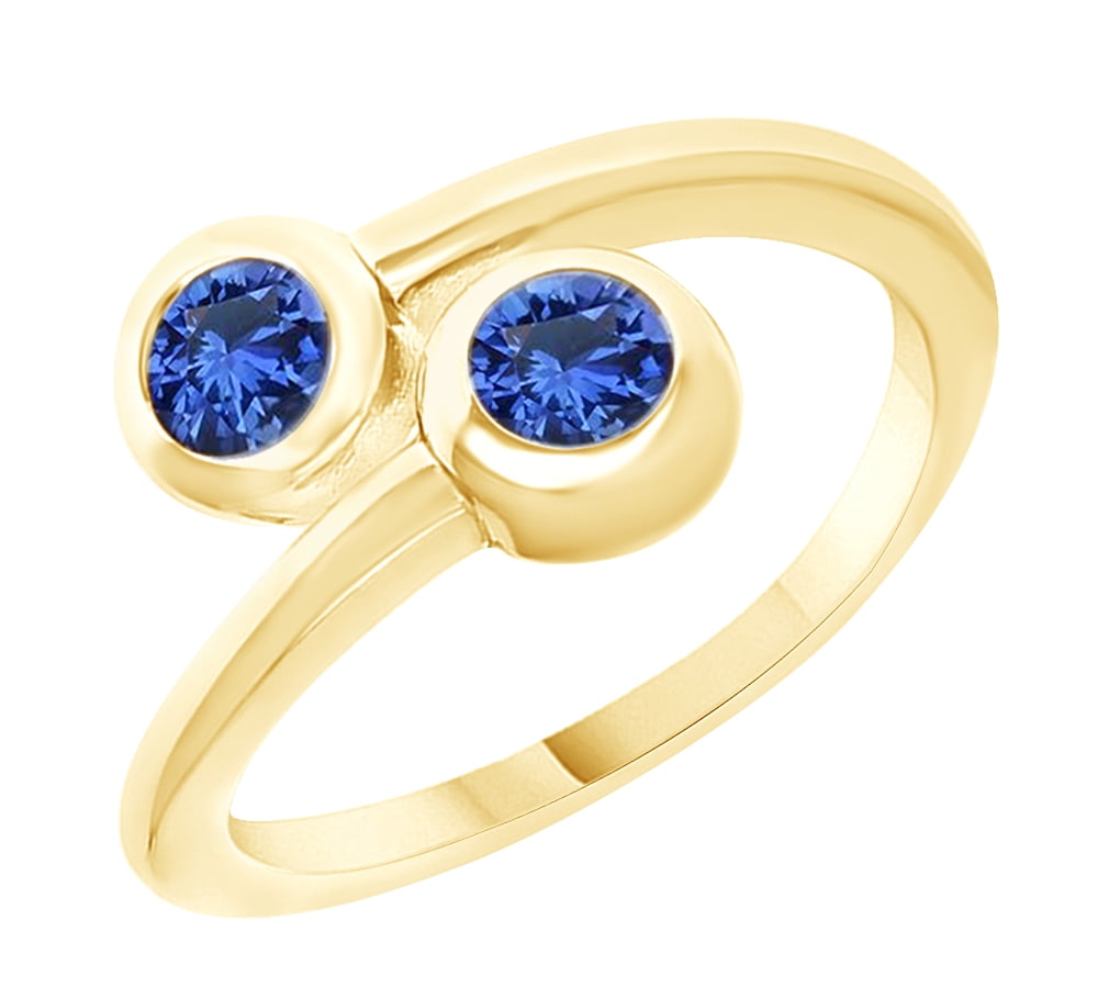 AFFY Round Cut Simulated Blue Sapphire Bypass Ring in 14k Yellow Gold ...