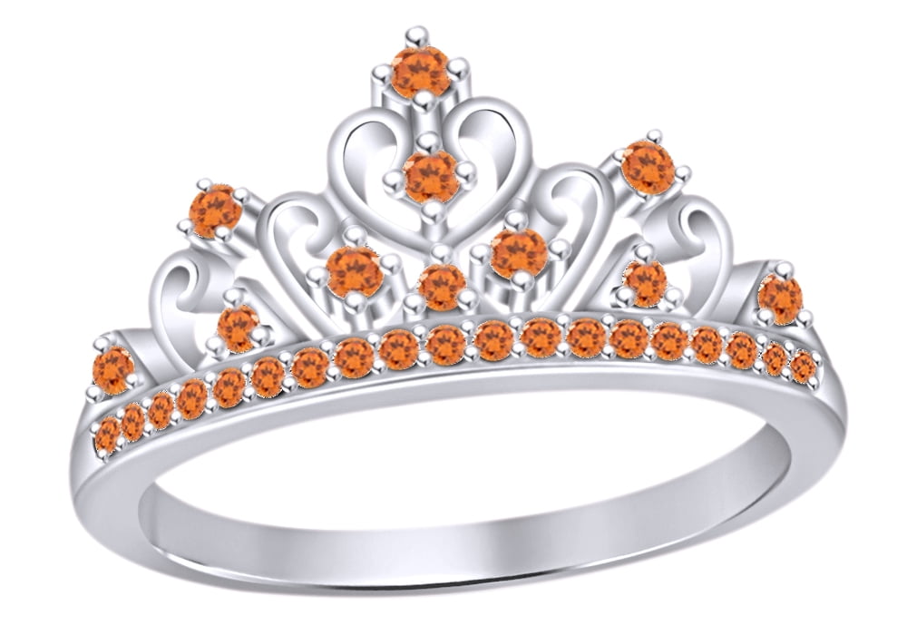 AFFY Round Cut Simulated Citrine Princess Crown Ring In 14k White Gold ...