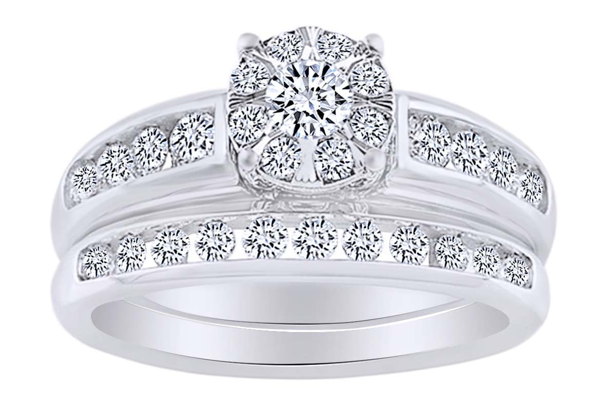 AFFY Round Cut White Natural Diamond Cluster Bridal Ring Set In 10K ...