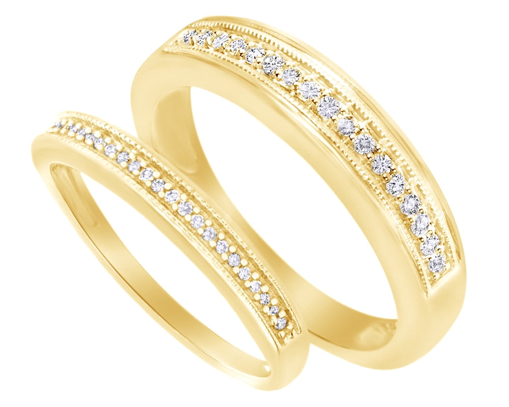 AFFY Round Cut White Natural Diamond His and Hers Wedding Band Ring Set ...