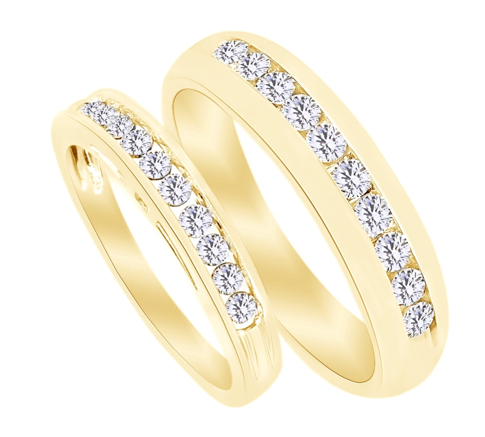 AFFY Round Cut White Natural Diamond His and Hers Wedding Band Ring Set ...