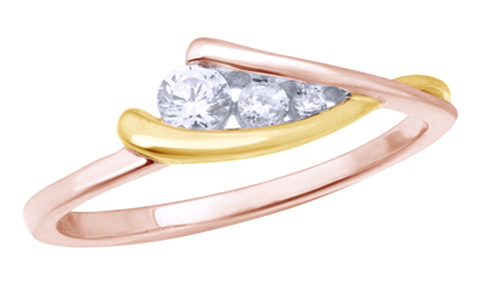 Round Cut White Natural Diamond Three Stone Slant Ring in 10k Rose Gold ...