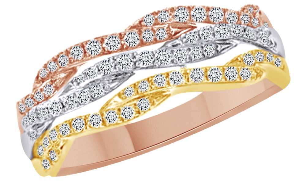 Round Cut White Natural Diamond Twisted Three Row Ring In 14K Tri-Tone ...