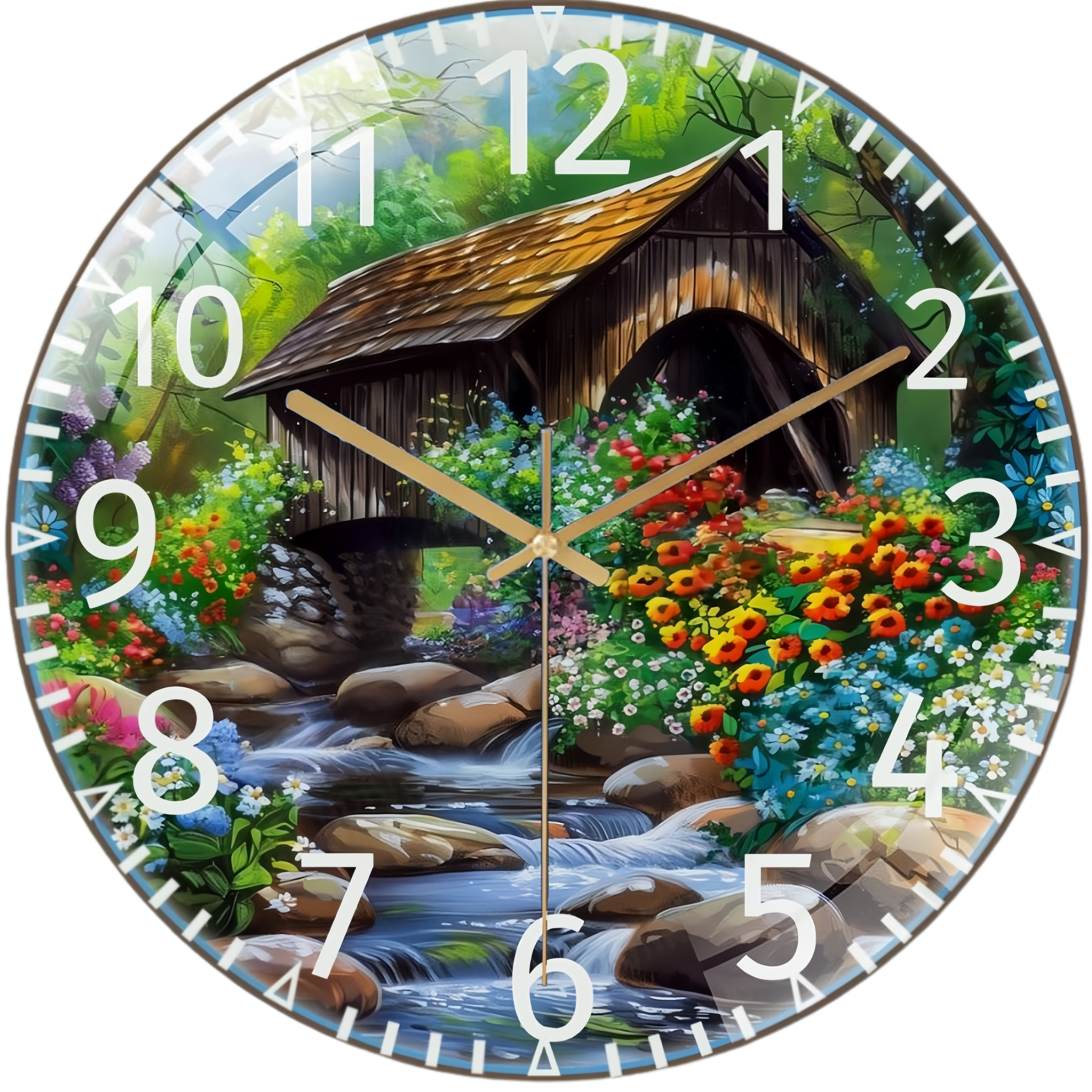 Round Decorative Clock: Covered Bridge Stream Glass Wall Clock,Creek ...