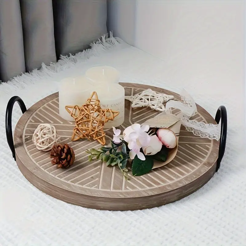 Round Decorative Serving Tray with Metal Handles, Wooden Coffee Table ...