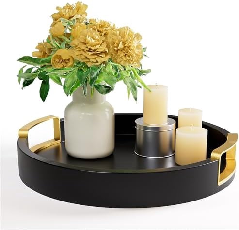 Round Decorative Tray - 12 Inch Round Black Tray with Gold Metal ...