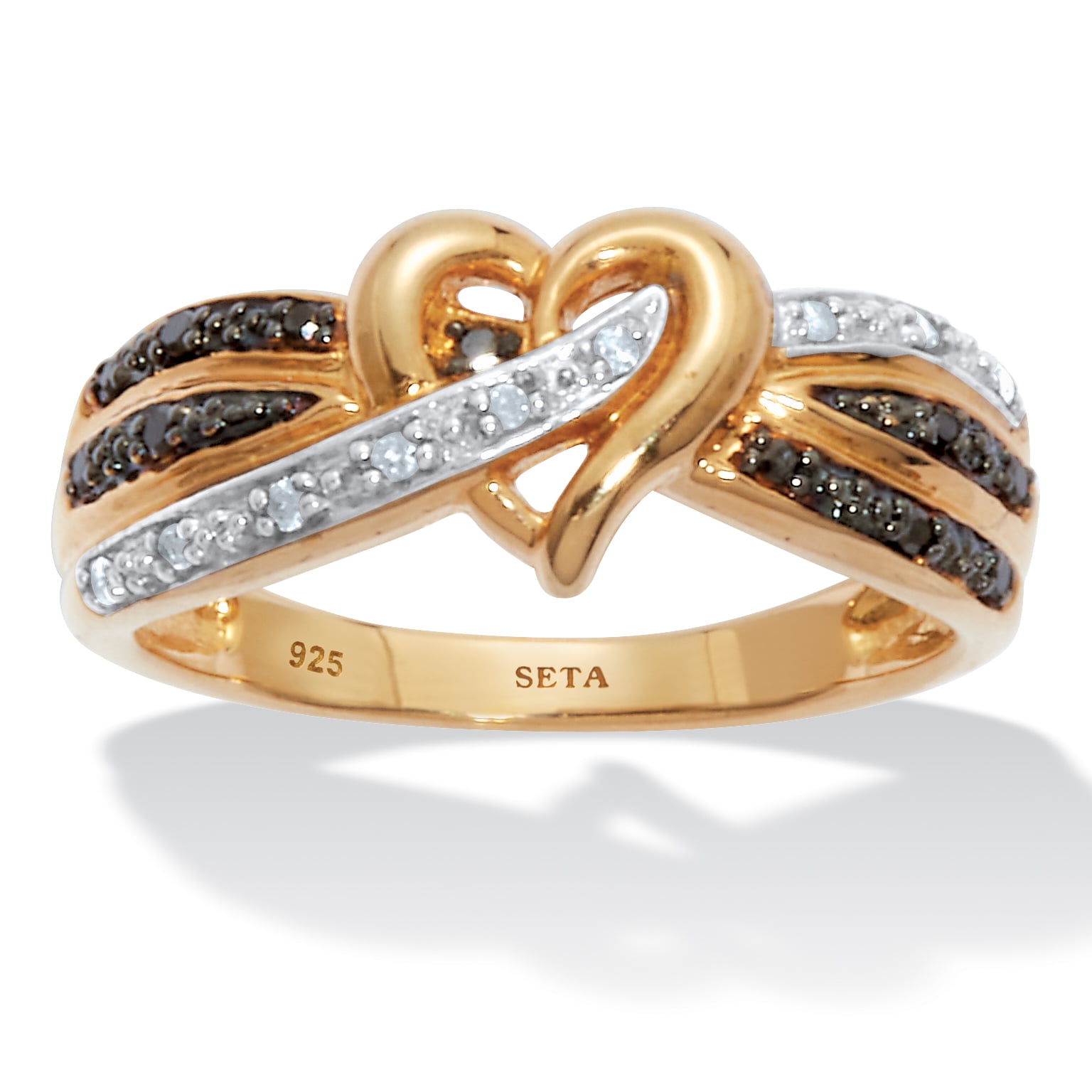 Round Diamond Gold-Plated Sterling Silver Crossover Heart Promise Ring ...