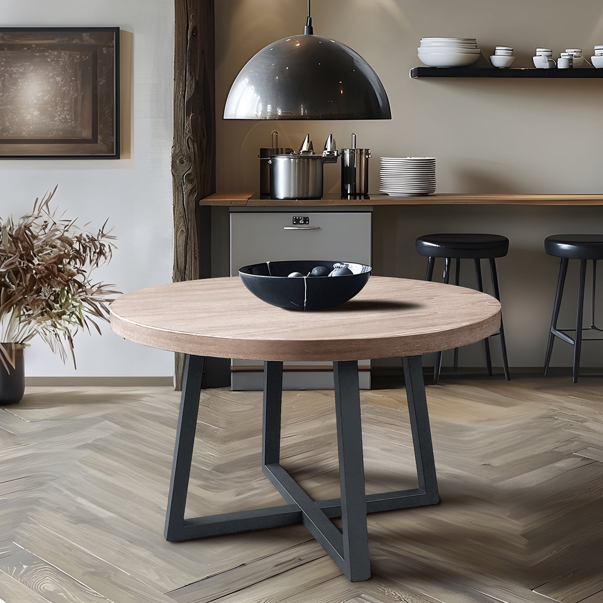 Round Dining Table - 39" Black Wood Finish, Wheat Top, Seats 4, Solid ...