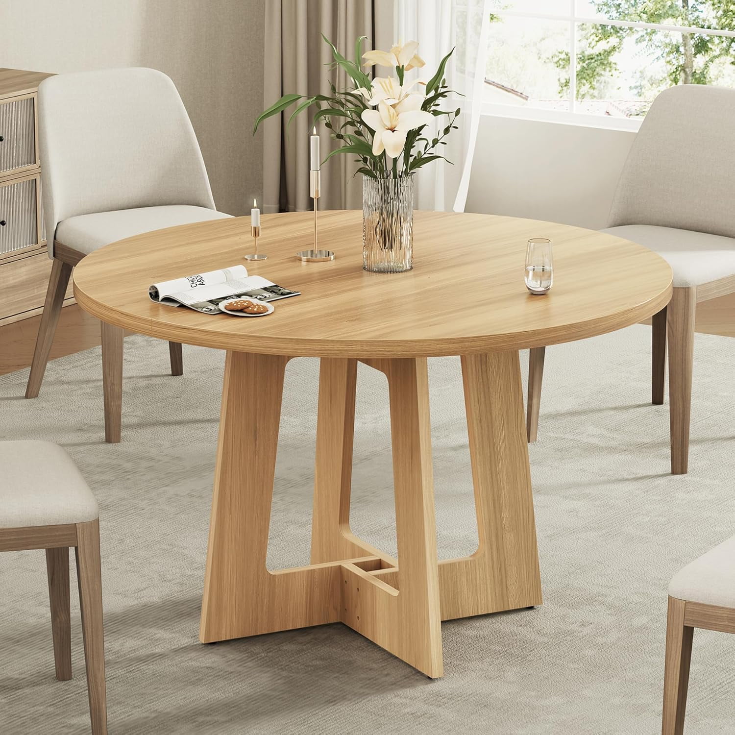 Round Dining Table for 4, 43" Farmhouse Kitchen Table, Wooden Circle ...