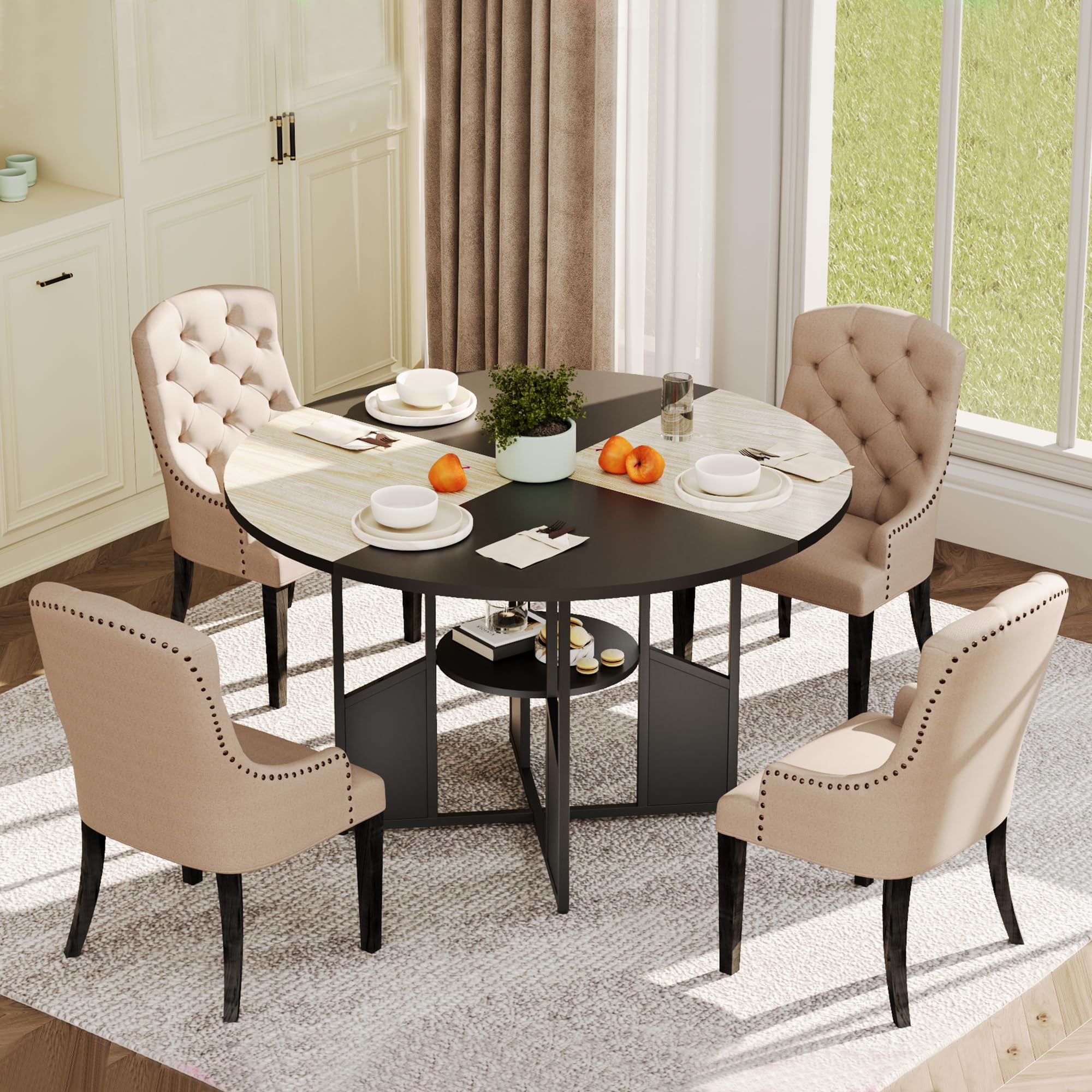 Round Dining Table for 4-6 Person,Kitchen Table with Storage Shelf ...