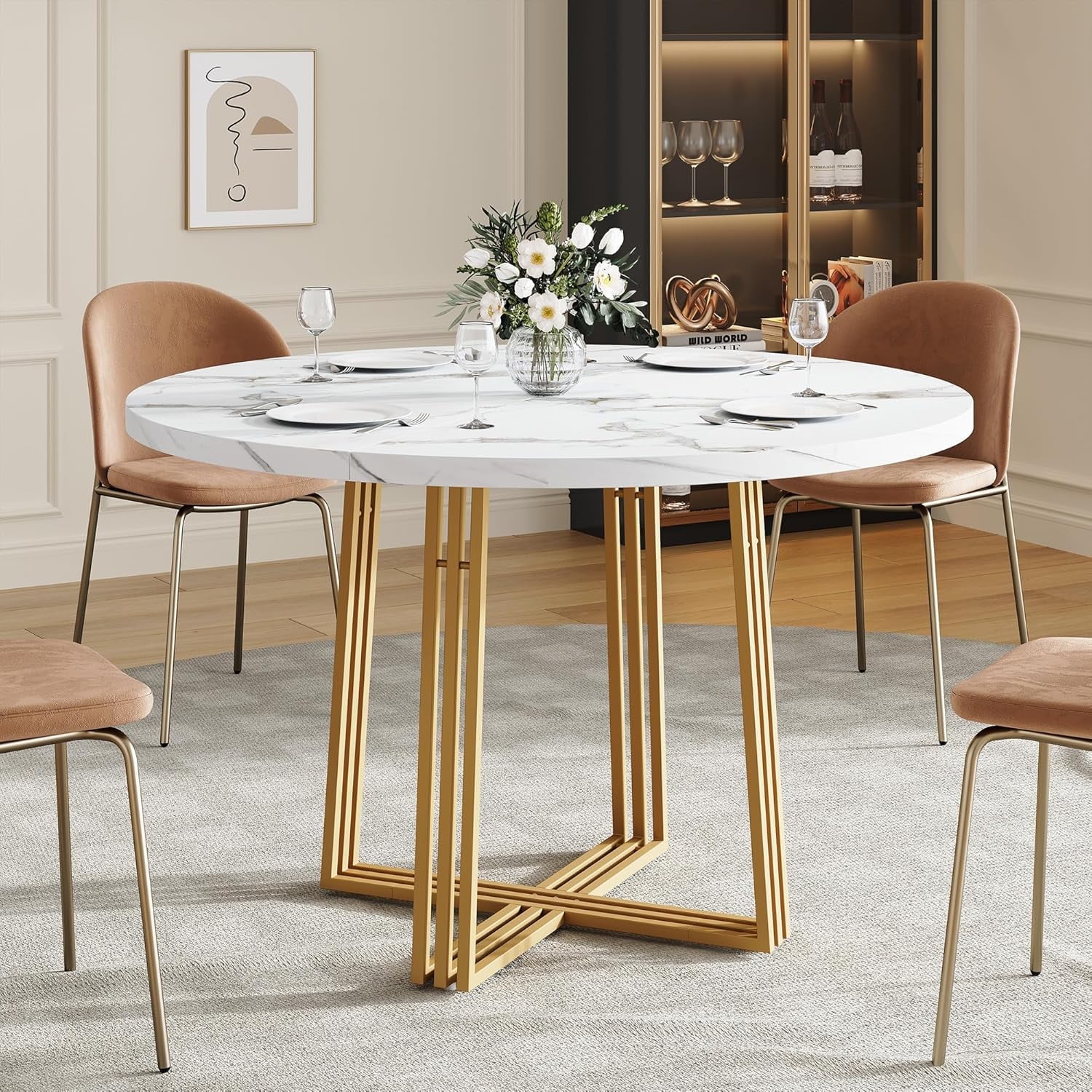 Round Dining Table for 4, Modern Circle Kitchen Table, Wooden Faux ...