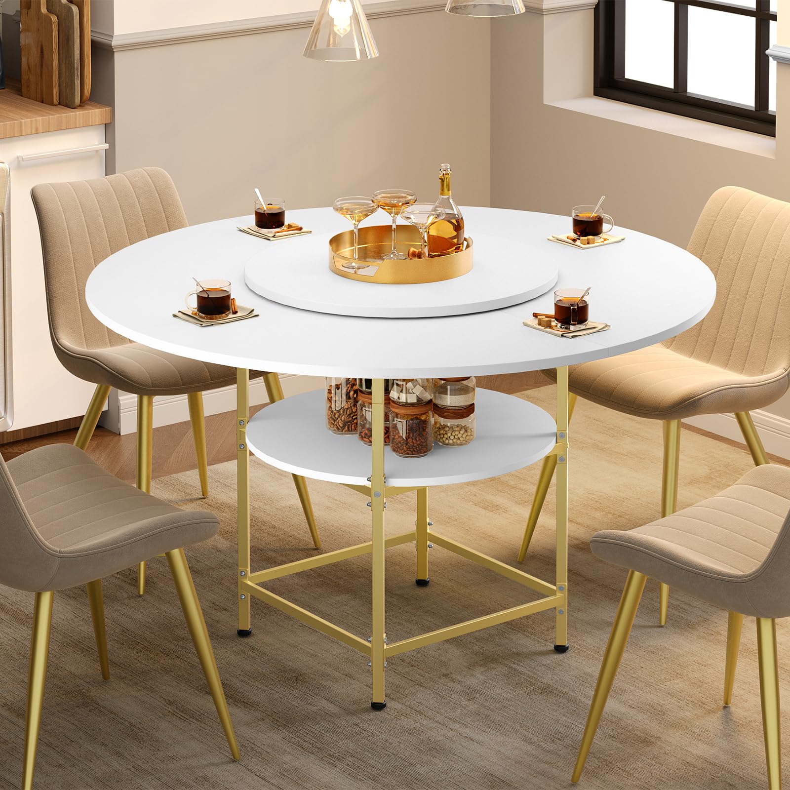 Round Dining Table for 4 People with Storage Shelf, 47.2 Inch Farmhouse ...