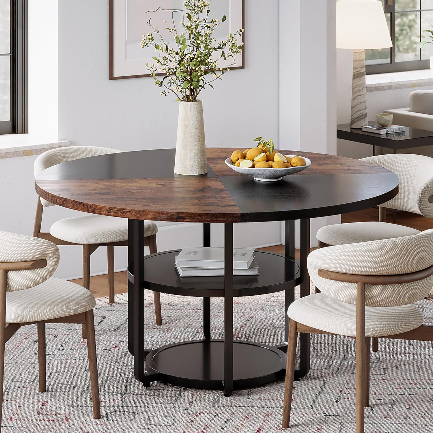Round Dining Table, 47 Inch Kitchen Table for 4, Wood Pedestal Dinner ...