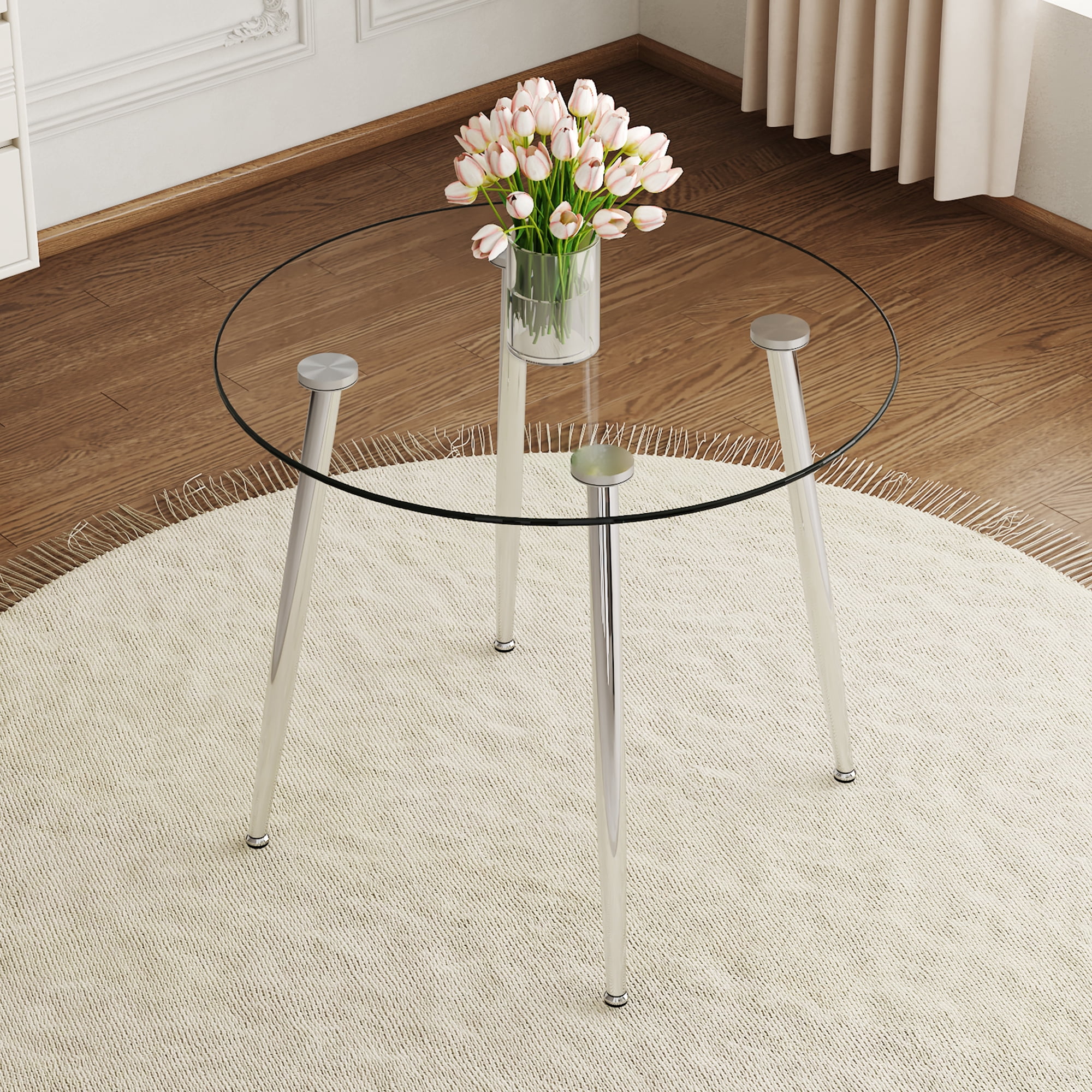 Round Dining Table with Glass Top,Silver Metal Legs,Exquisite Life ...