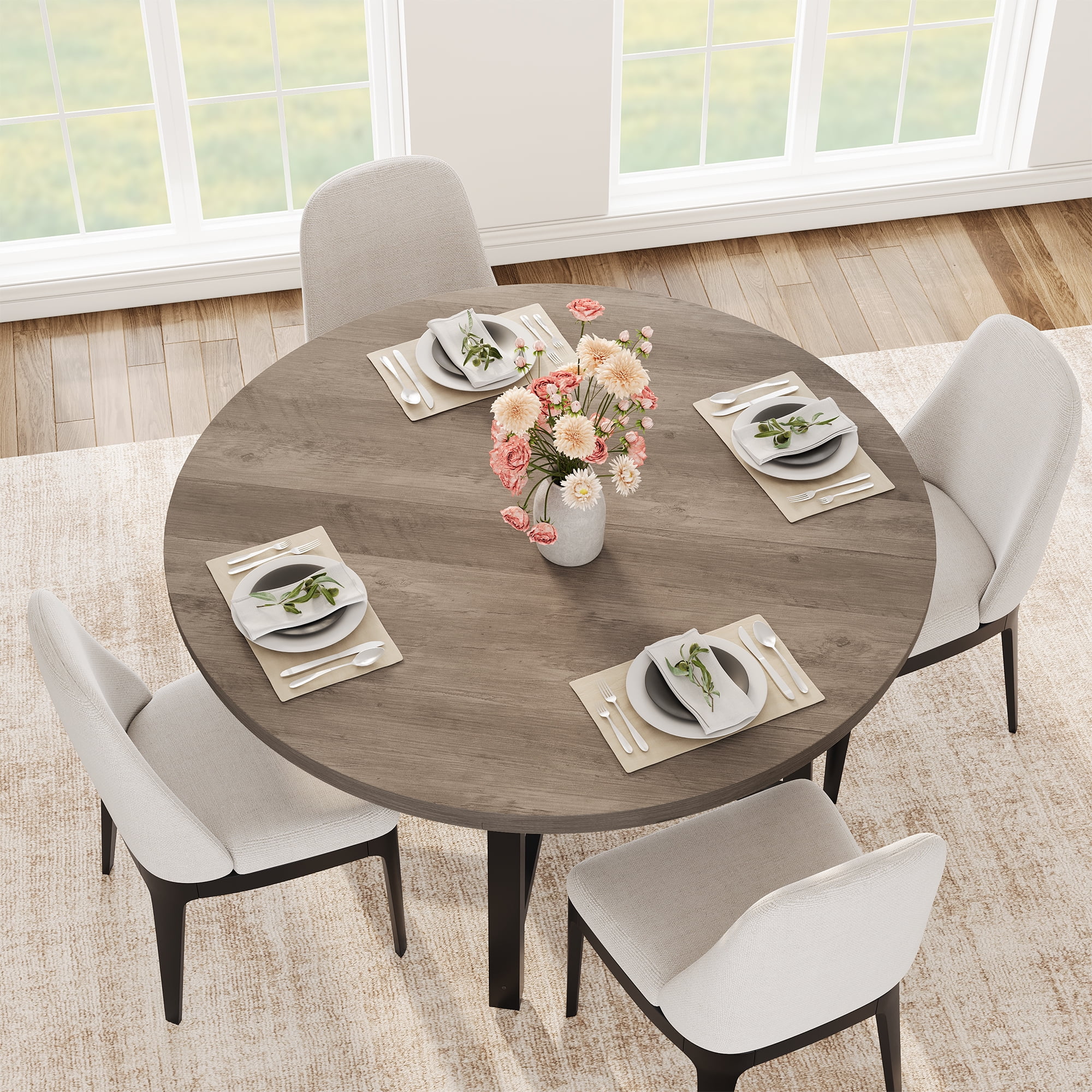 Round Dining Table, Modern Wood Metal Kitchen Tables, Industrial Small ...