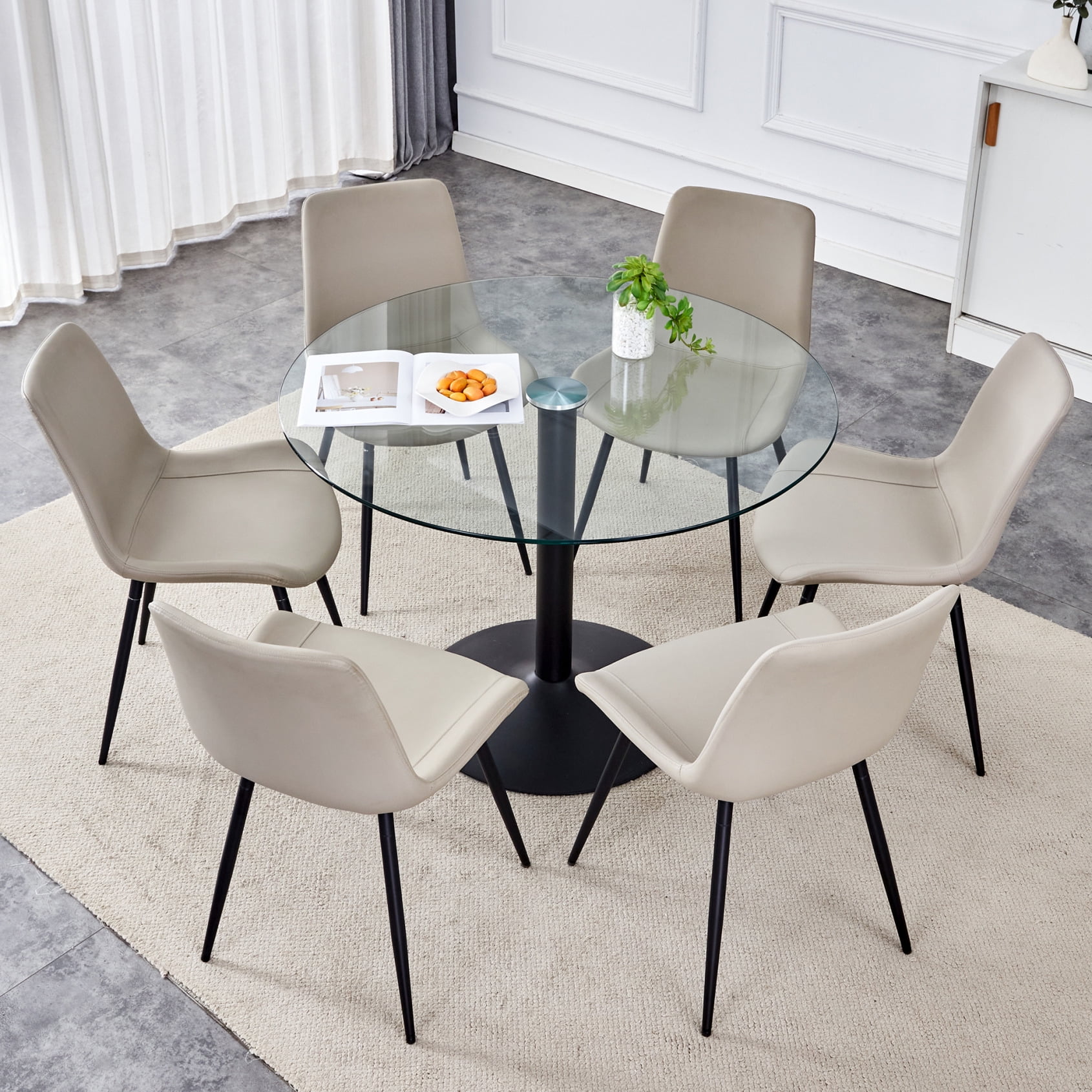 Round Dining Table Set for 6, 42" Transparent Glass Round Kitchen Table ...