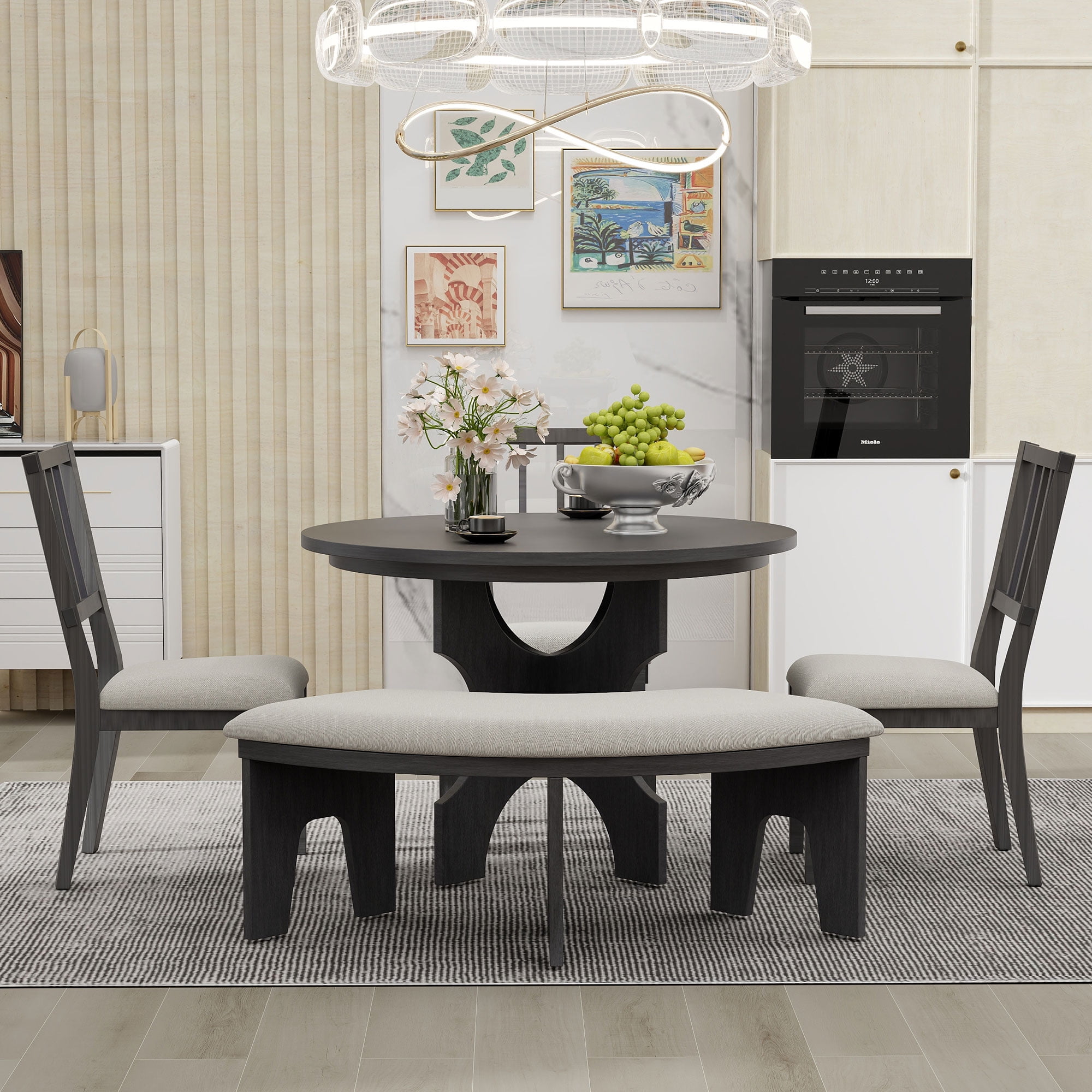 Round Dining Table Set with Curved Bench and 3 Chairs, 5 Piece Dining ...