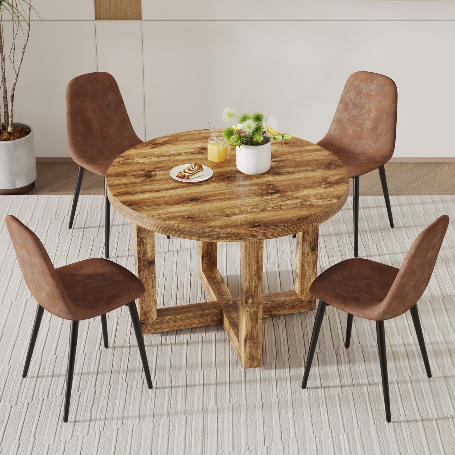 Round Dining Table Set for 4, MDF Center Table and PU Chairs Set 4 for ...