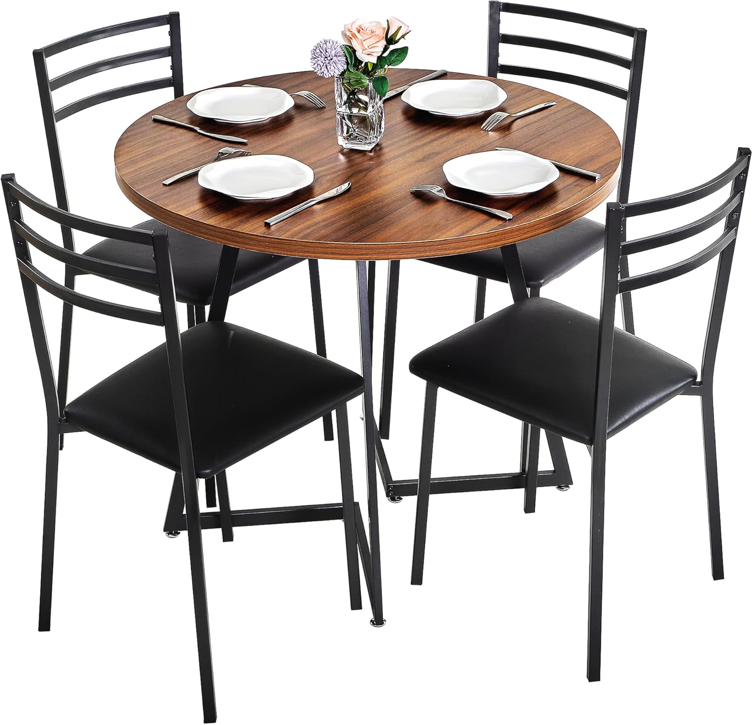 Round Dining Table Set for 4, Tabletop & Heavy-Duty Frame, 5- Dinette ...