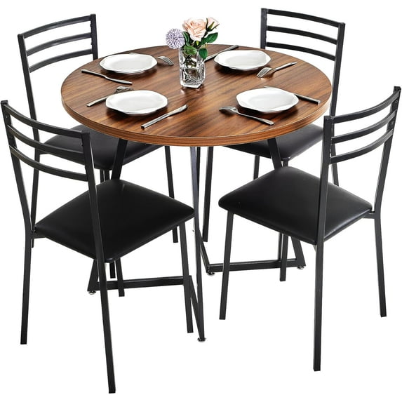 Round Dining Table Set for 4, Tabletop & Heavy-Duty Frame, 5- Dinette ...