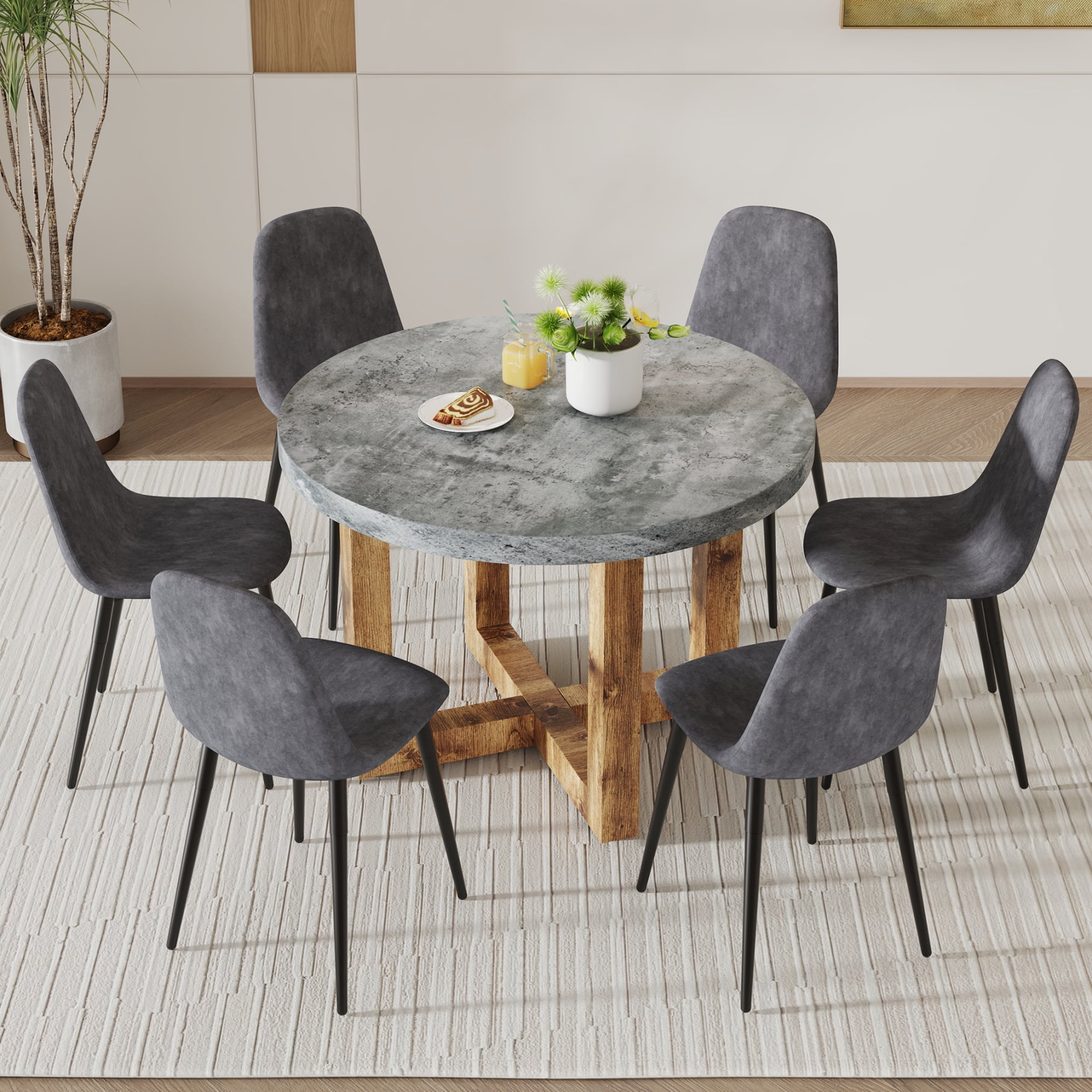 Round Dining Table Set for 6, MDF Center Table and PU Chairs Set 6 for ...