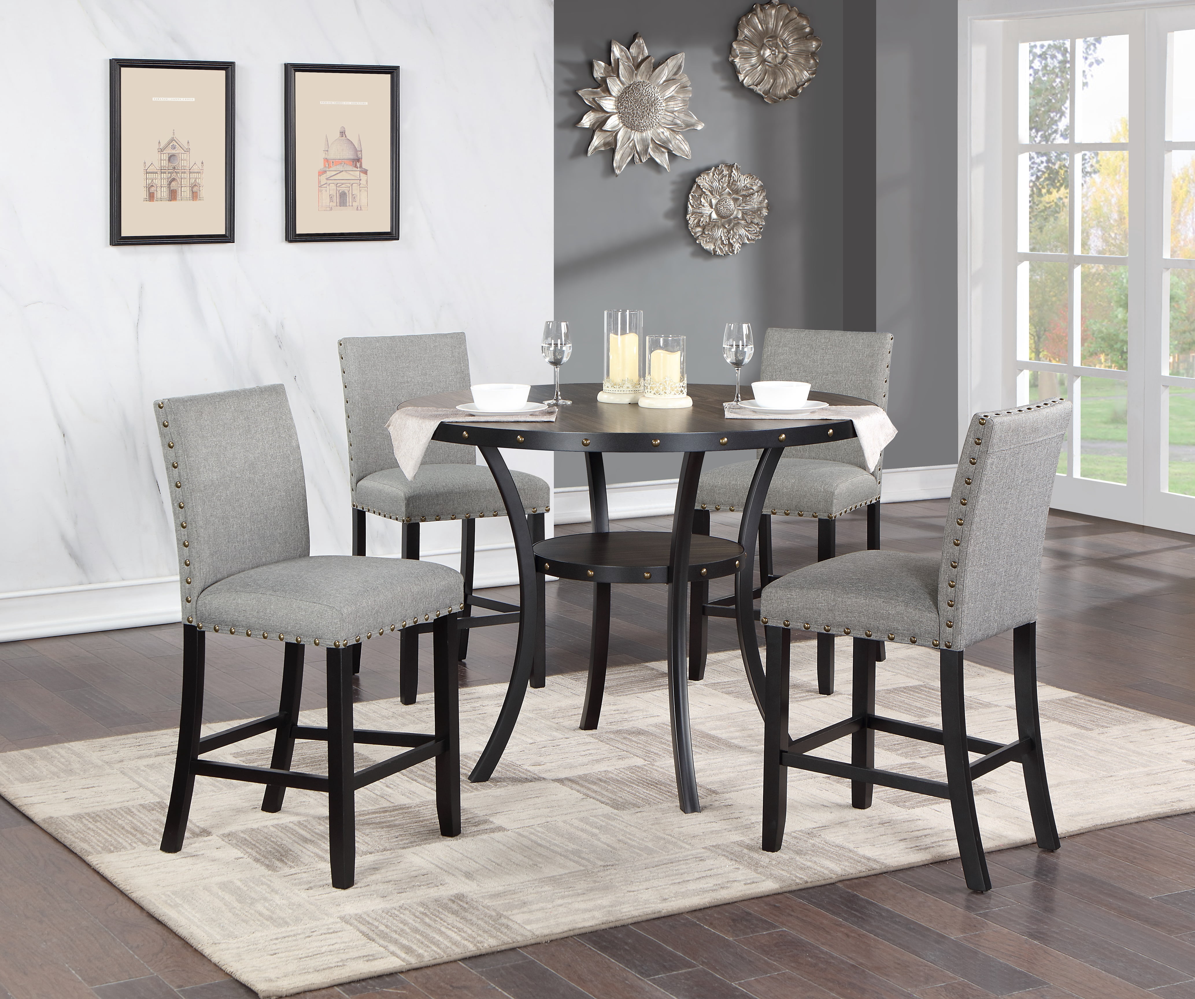 Round Dining Table Set with 4 Upholstered Chairs - Gray Fabric ...