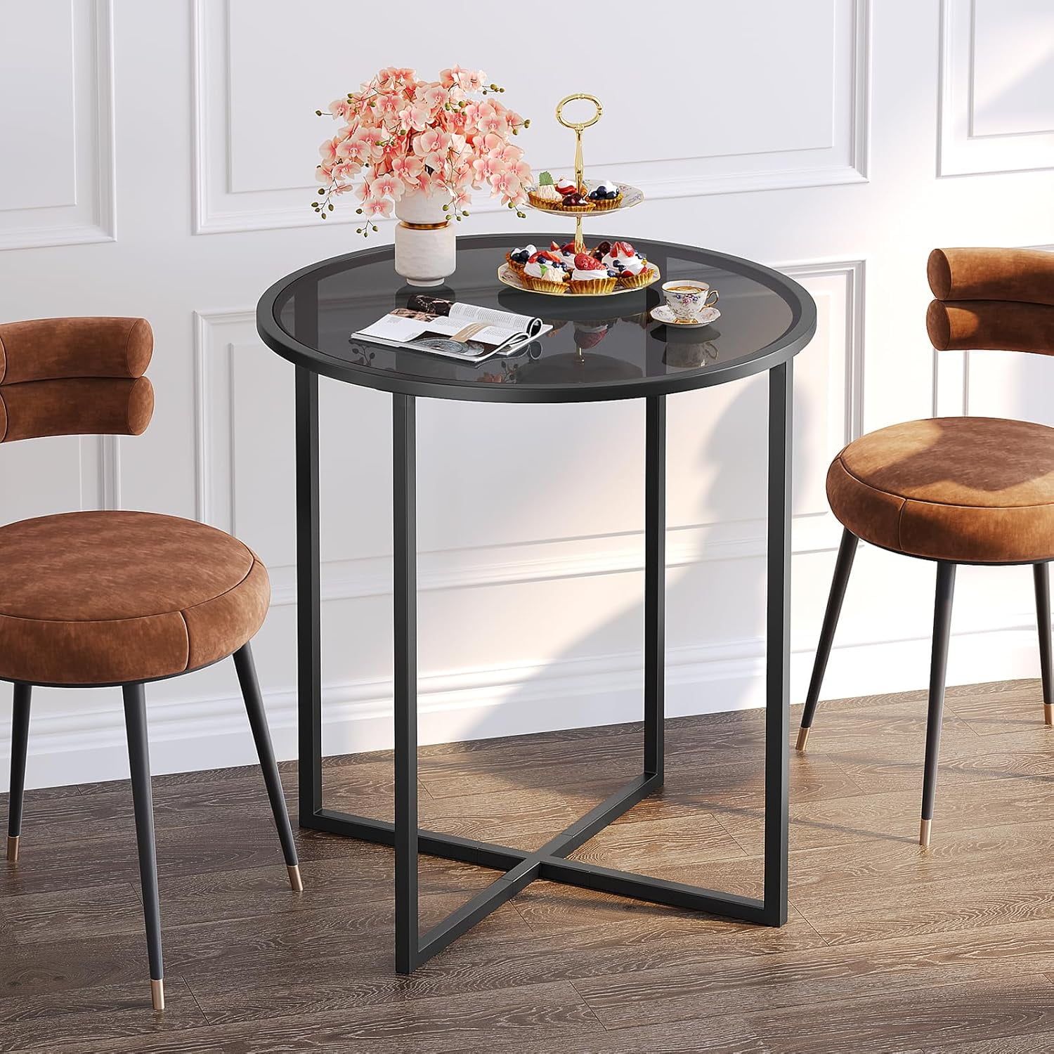 Round Dining Table Small Kitchen Table Black Glass Dining Table 26.7 ...