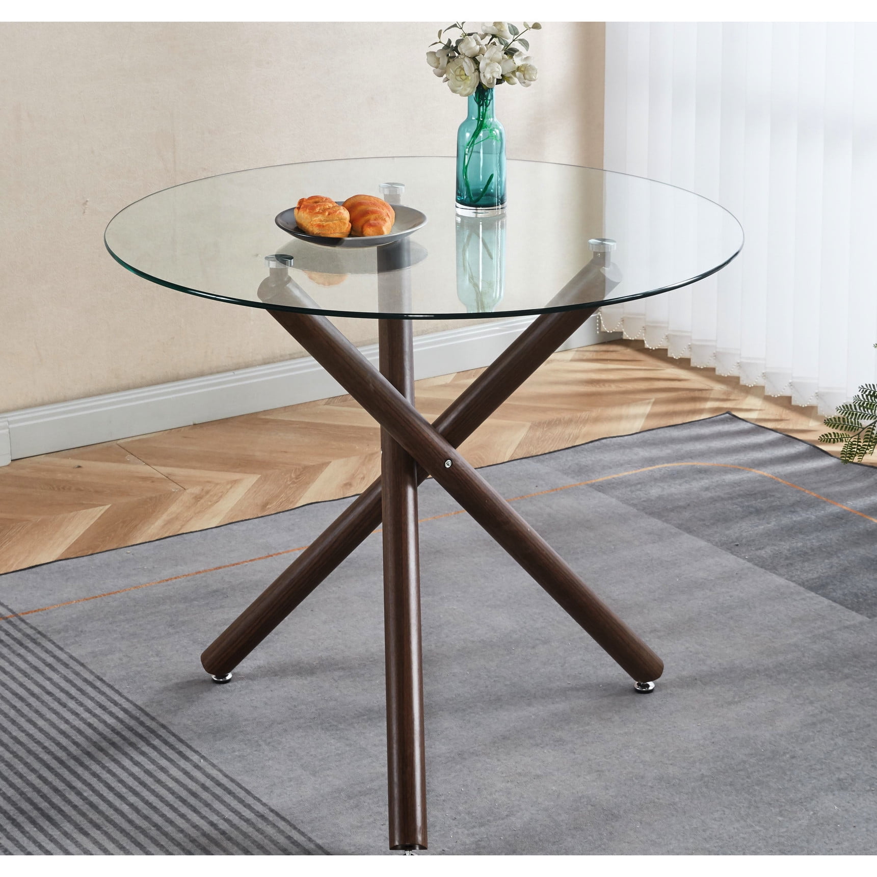 Round Dining Table / Walnut Metal Legs, Tempered Glass Top, 35.43in ...