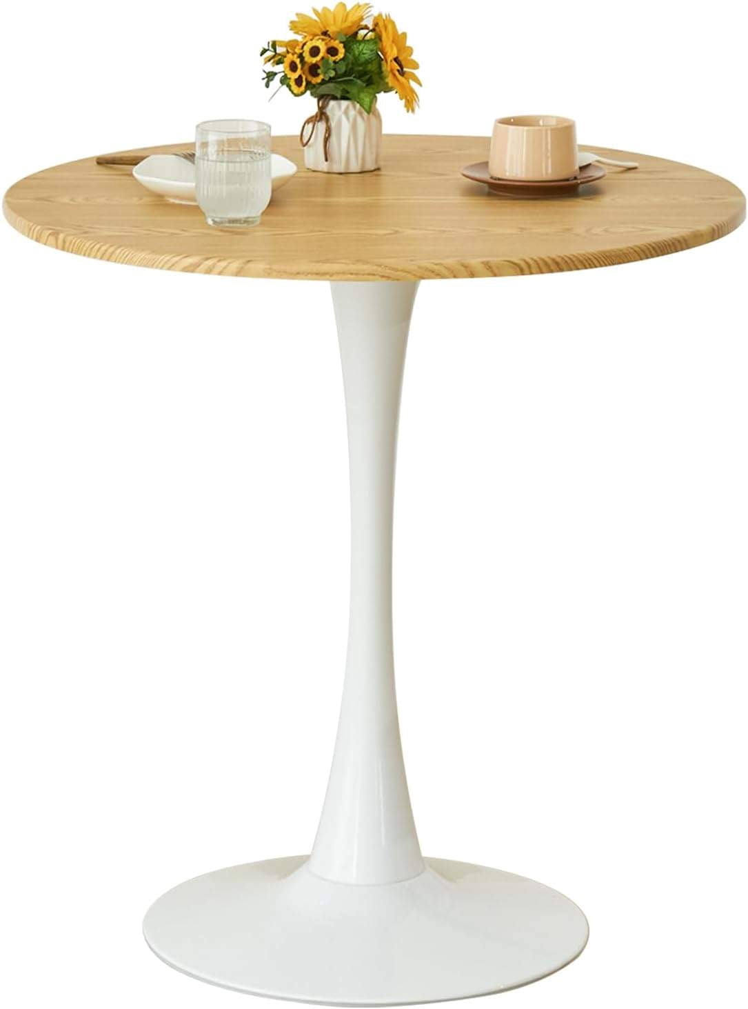 Round Dining Table for 2, Modern Metal Pedestal Table with Faux Oak Top ...