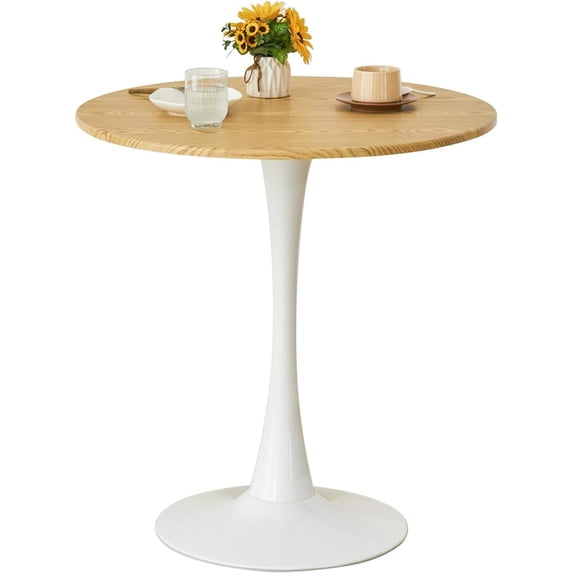 Round Dining Table for 2, Modern Metal Pedestal Table with Faux Oak Top ...