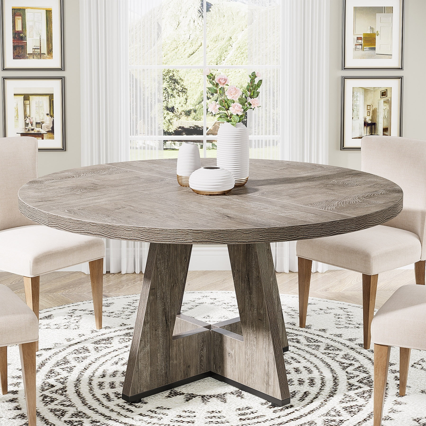 Round Dining Table for 4, 47 Inch Farmhouse Kitchen Table Small Dinner ...