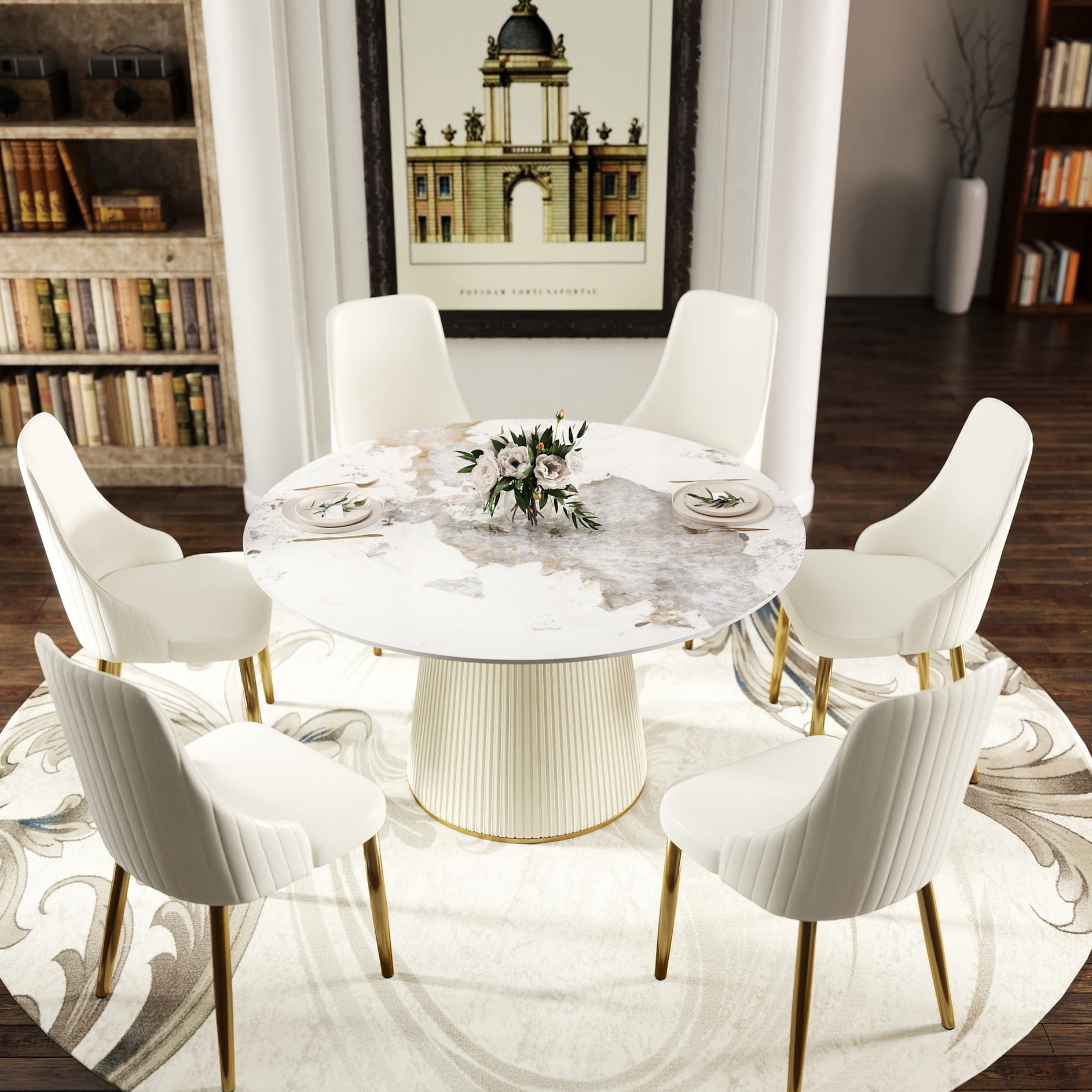 Round Dining Table for 6 | Perfect for Daily Dining | Sintered Stone Top and Decorative PU Base ...