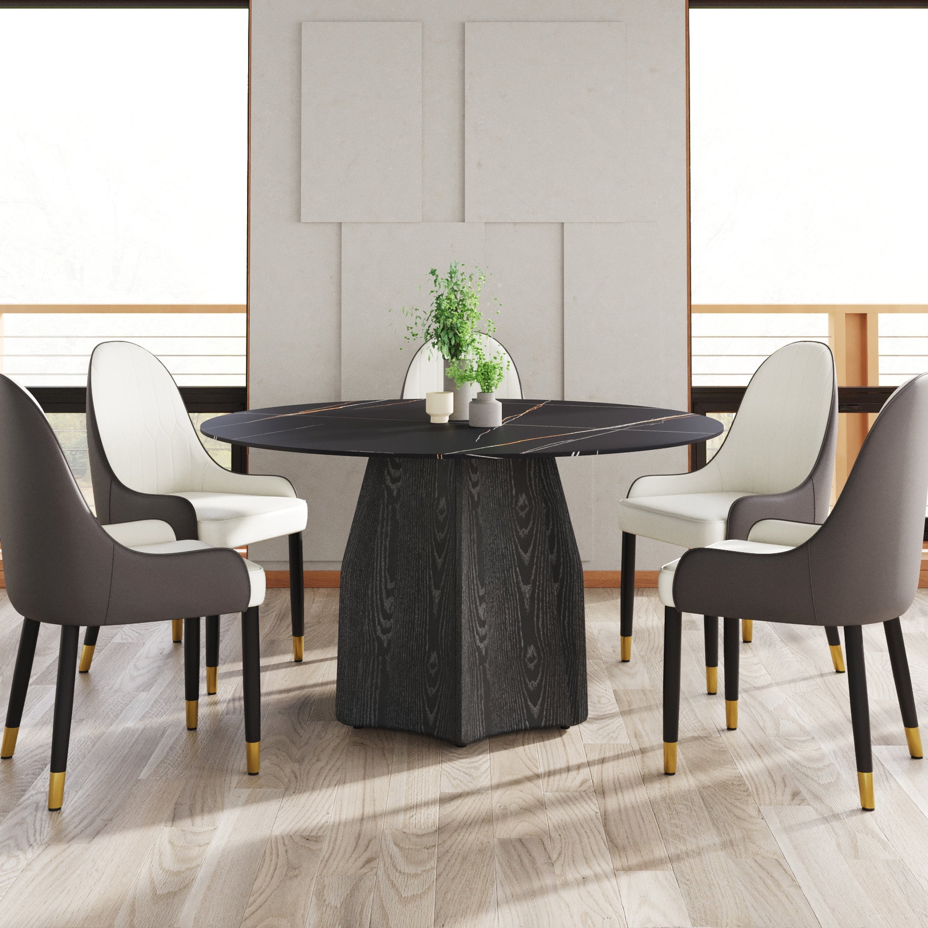 Round Dining Table for 6 in Dining Room | Sintered Stone Top & Oak ...